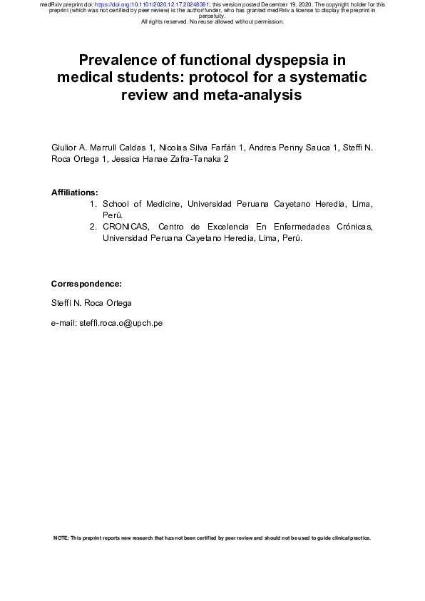 (PDF) Prevalence of functional dyspepsia in medical students: protocol for a systematic review ...