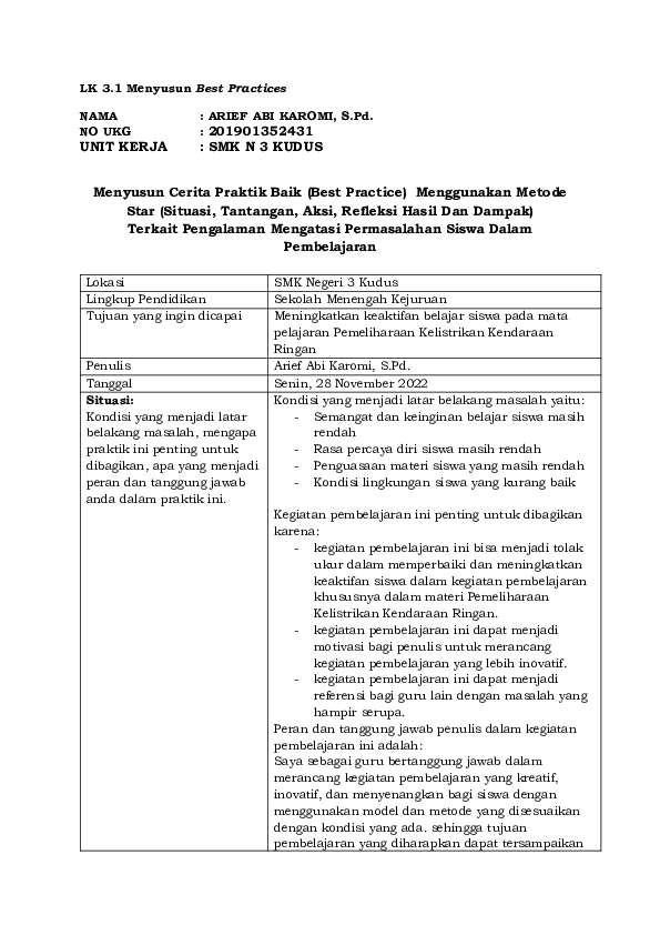 (DOC) 201901352431 UNIT KERJA : SMK N 3 KUDUS Menyusun Cerita Praktik ...