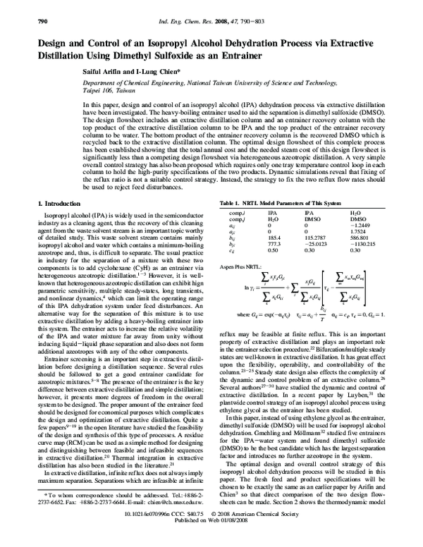 Pdf Design And Control Of An Isopropyl Alcohol Dehydration Process Via Extractive Distillation