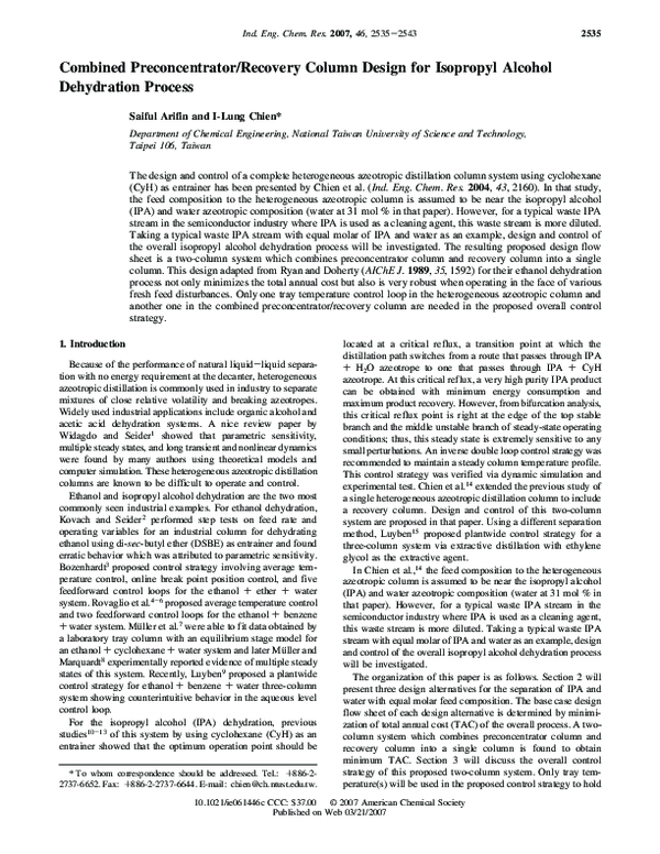 Pdf Combined Preconcentrator Recovery Column Design For Isopropyl Alcohol Dehydration Process