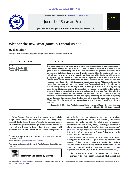 (PDF) Whither the New Great Game in Central Asia?