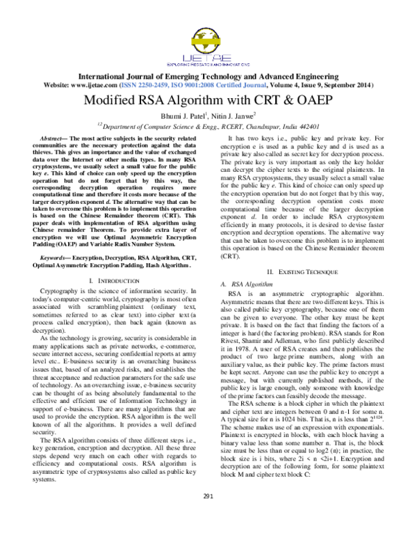 Pdf Modified Rsa Algorithm With Crt And Oaep
