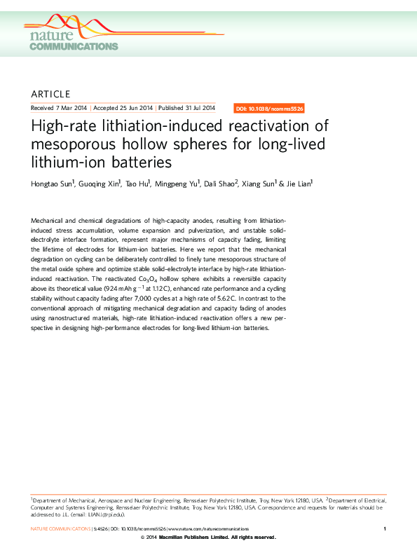 (PDF) High-rate lithiation-induced reactivation of mesoporous hollow ...