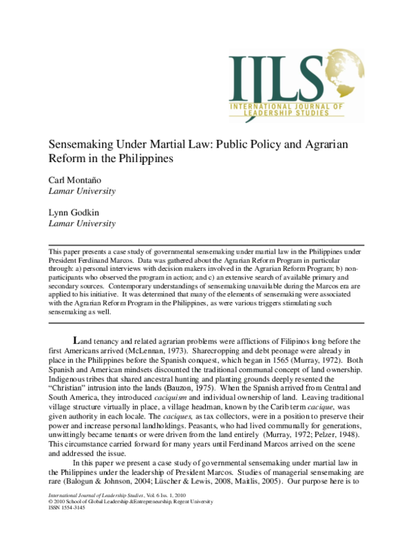 (PDF) Sensemaking Under Martial Law: Public Policy and Agrarian Reform in the Philippines