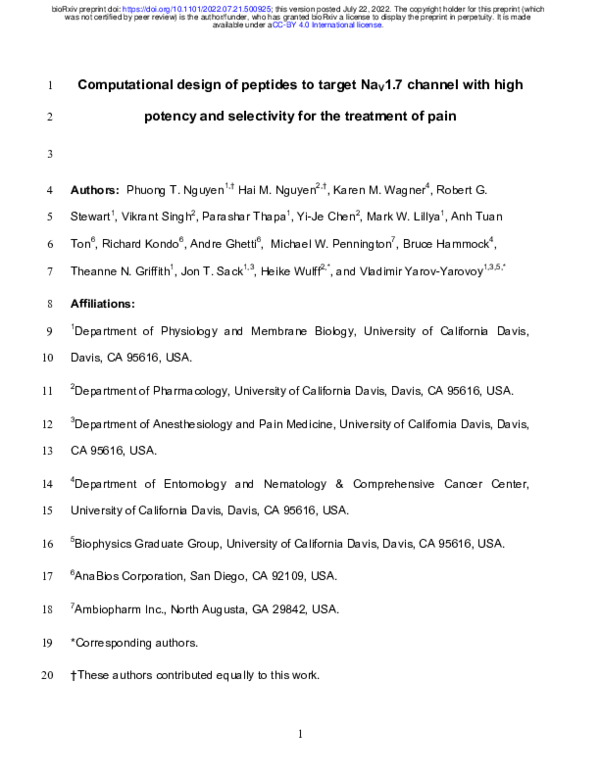 (PDF) Computational design of peptides to target NaV1.7 channel with ...