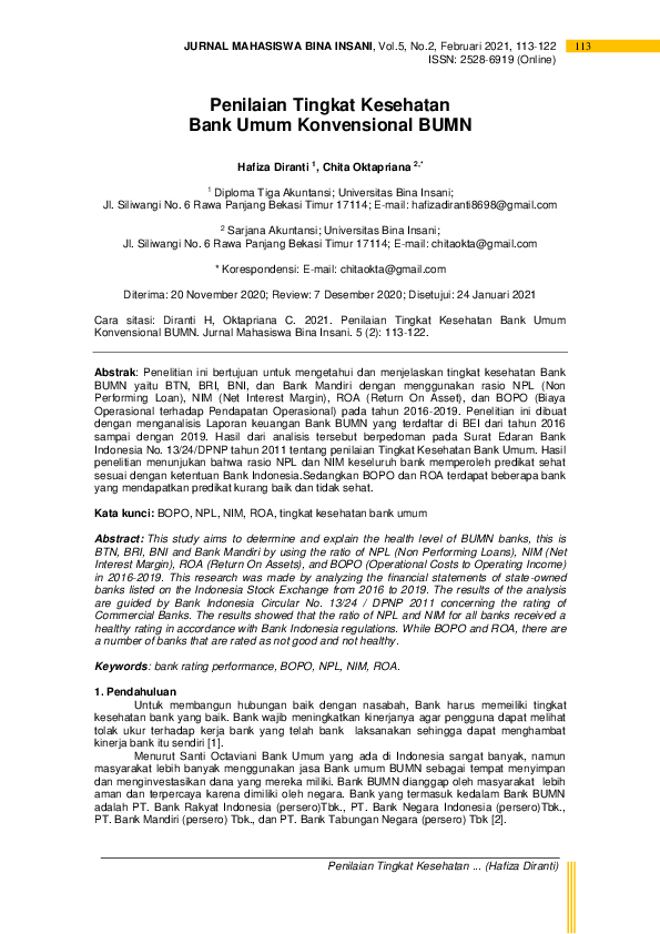 (PDF) Penilaian Tingkat Kesehatan Bank Umum Konvensional BUMN