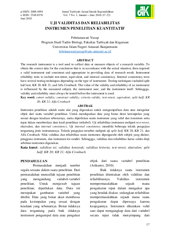(PDF) Uji Validitas dan Reliabilitas Instrumen Penelitian Kuantitatif