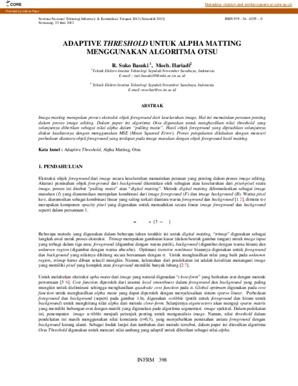 (PDF) Adaptive Threshold Untuk Alpha Matting Menggunakan Algoritma Otsu