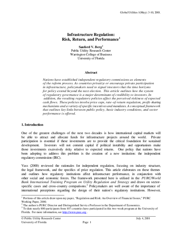 (PDF) Infrastructure regulation: risk, return, and performance