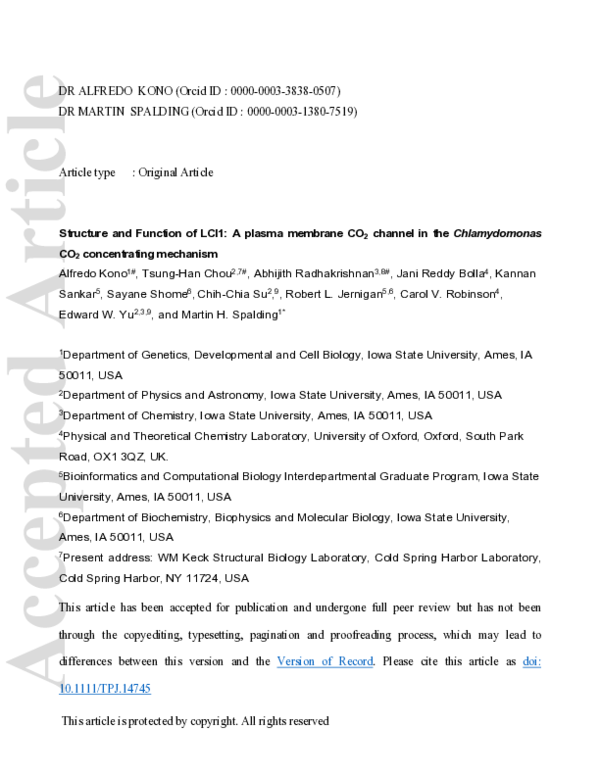 (PDF) Structure and function of LCI1: a plasma membrane CO 2 channel in ...