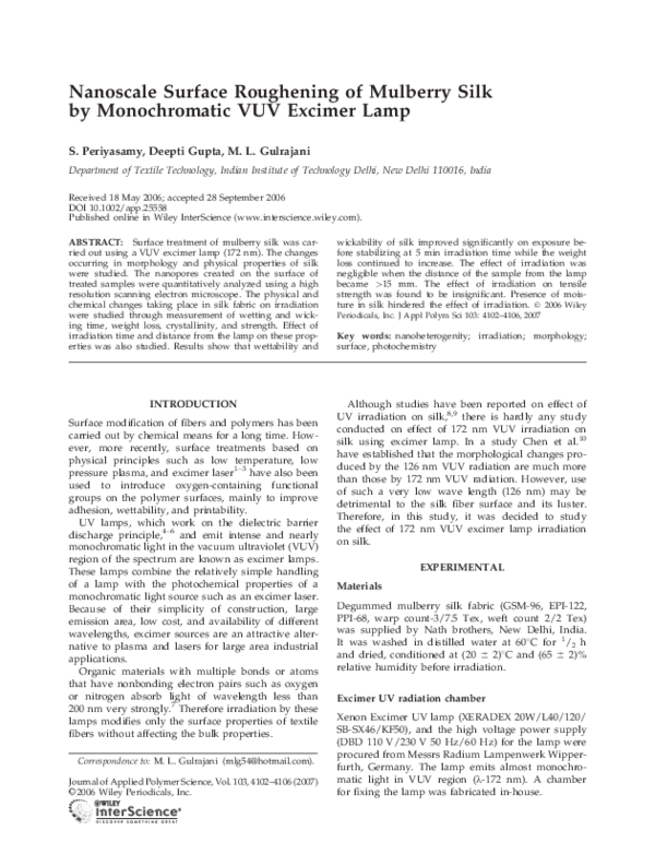(PDF) Nanoscale surface roughening of mulberry silk by monochromatic VUV excimer lamp | Mohan ...