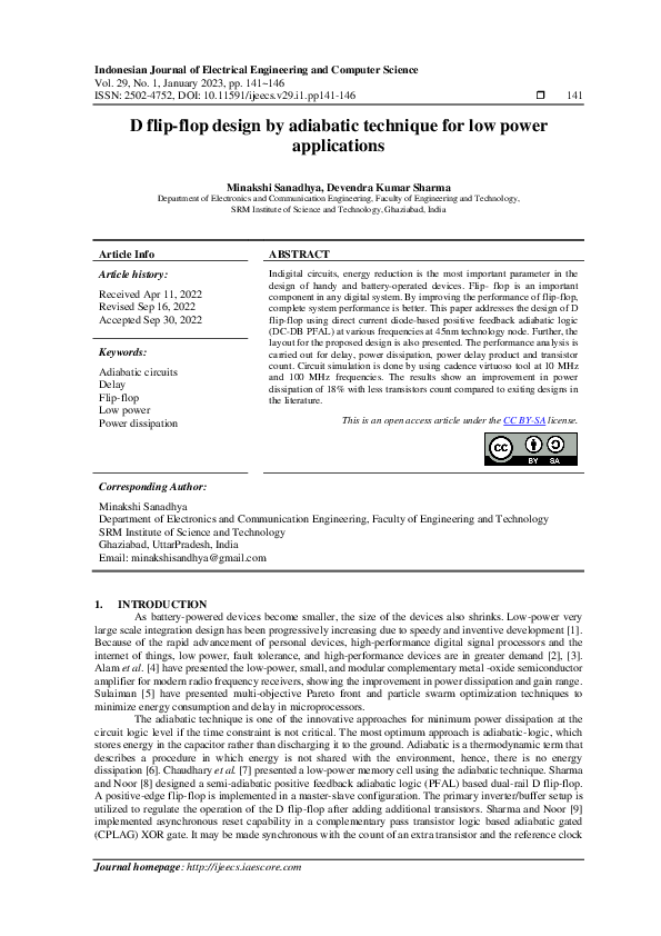 (PDF) D flip-flop design by adiabatic technique for low power applications