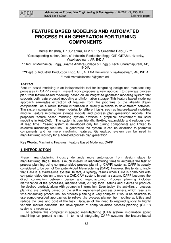 (PDF) Feature Based Modeling and Automated Process Plan Generation for Turning Components