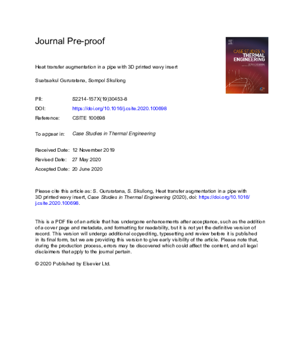 (PDF) Heat transfer augmentation in a pipe with 3D printed wavy insert