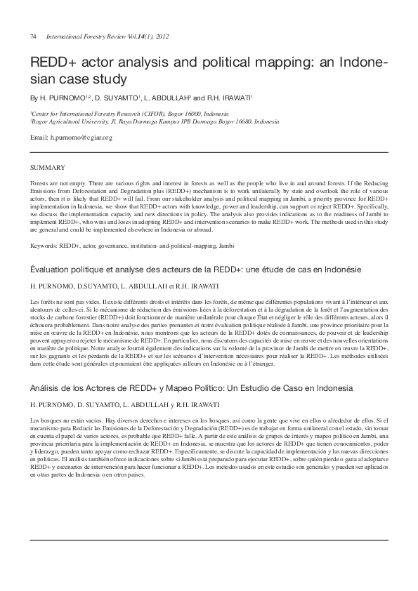(PDF) REDD+ actor analysis and political mapping: an Indonesian case study