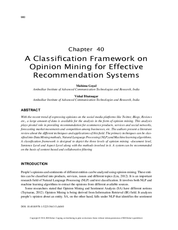 (PDF) A Classification Framework on Opinion Mining for Effective Recommendation Systems