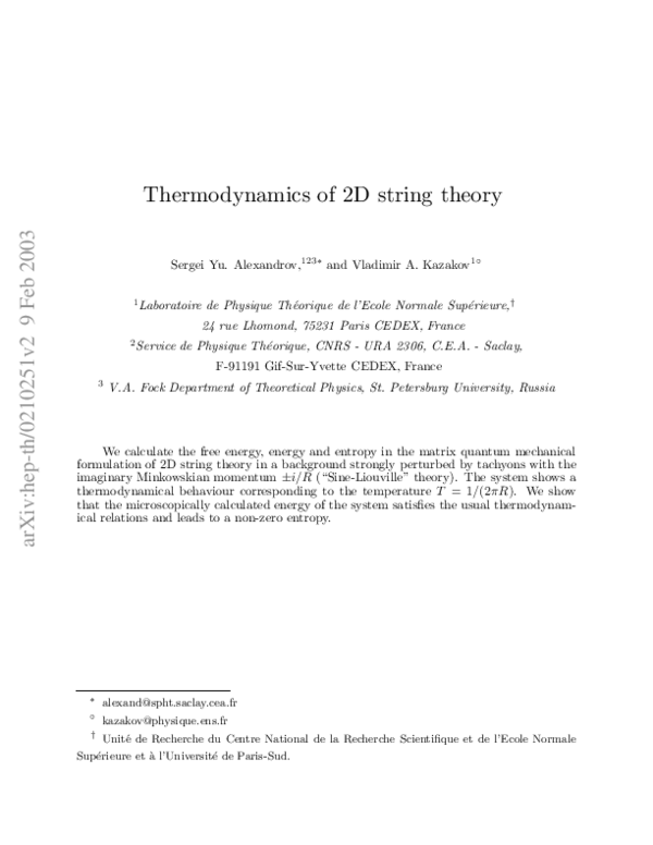 (PDF) Thermodynamics of 2D string theory