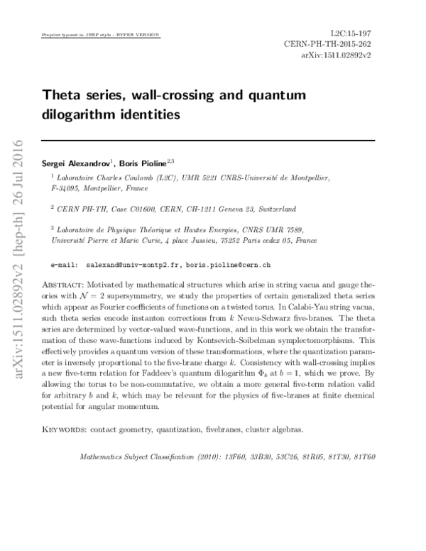 (PDF) Theta Series, Wall-Crossing and Quantum Dilogarithm Identities