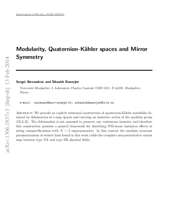 (PDF) Modularity, quaternion-Kähler spaces, and mirror symmetry