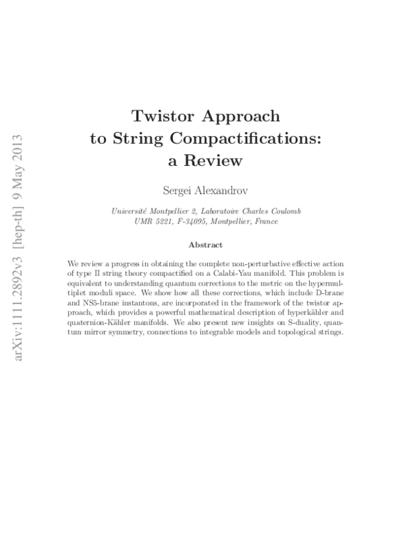 (PDF) Twistor approach to string compactifications: A review