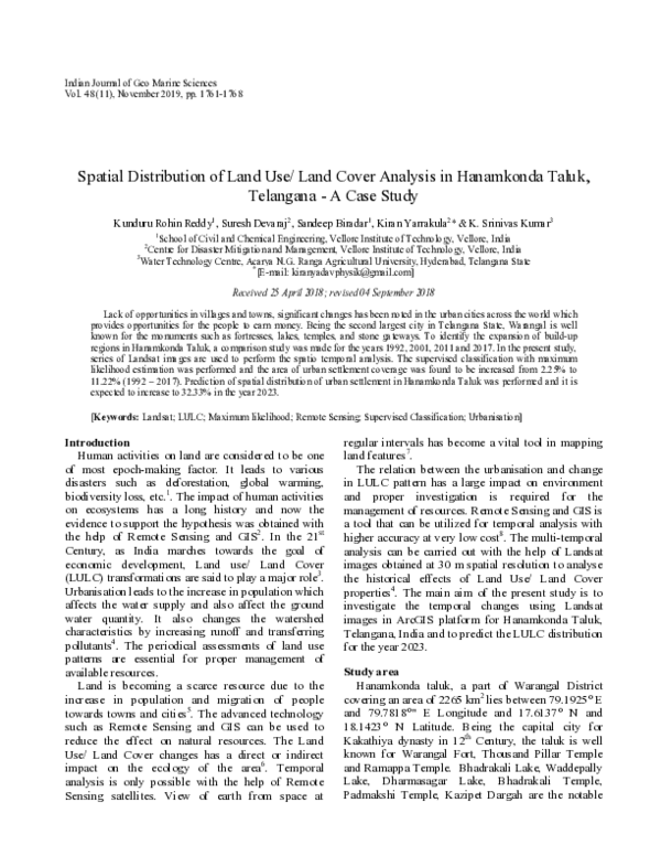 (PDF) Spatial Distribution of Land Use/ Land Cover Analysis in Hanamkonda Taluk, Telangana - A ...