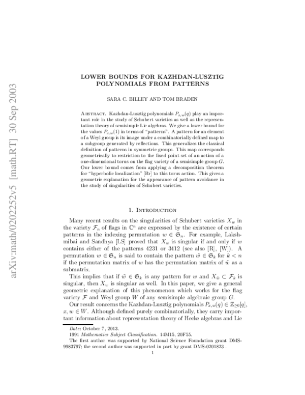 (PDF) Lower bounds for Kazhdan-Lusztig polynomials from patterns