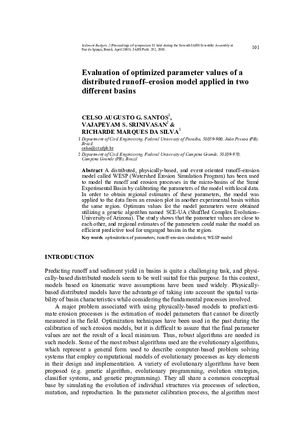 Pdf Evaluation Of Optimized Parameter Values Of A Distributed Runoff Erosion Model Applied In