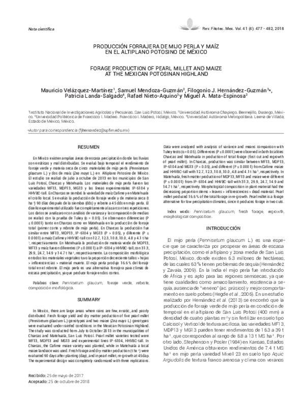 (PDF) Producción Forrajera De Mijo Perla y Maíz en El Altiplano Potosino De México