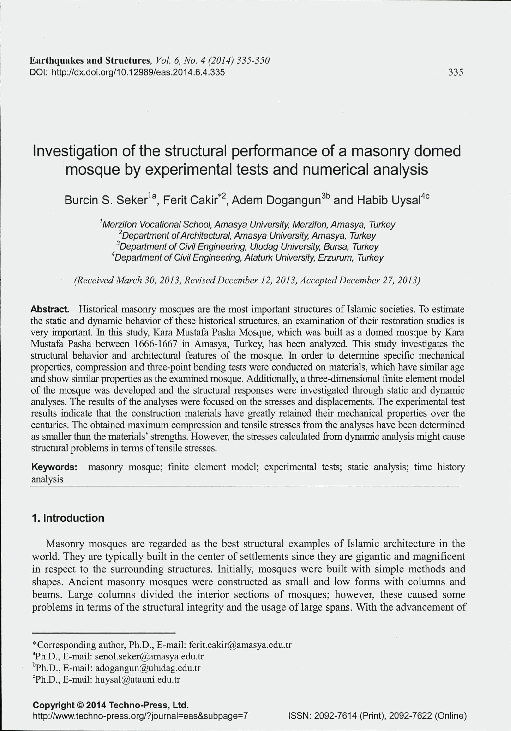 (PDF) Investigation of the structural performance of a masonry domed mosque by experimental ...