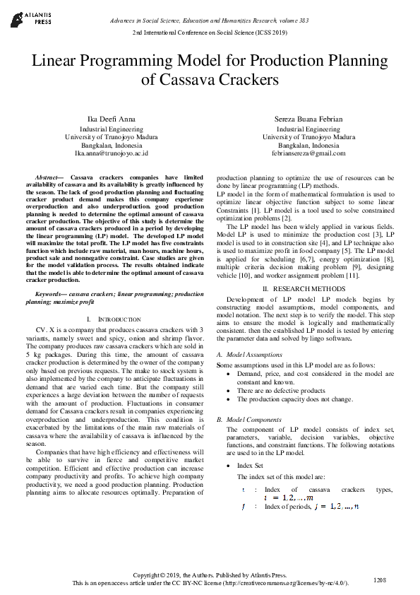 Pdf Linear Programming Model For Production Planning Of Cassava Crackers