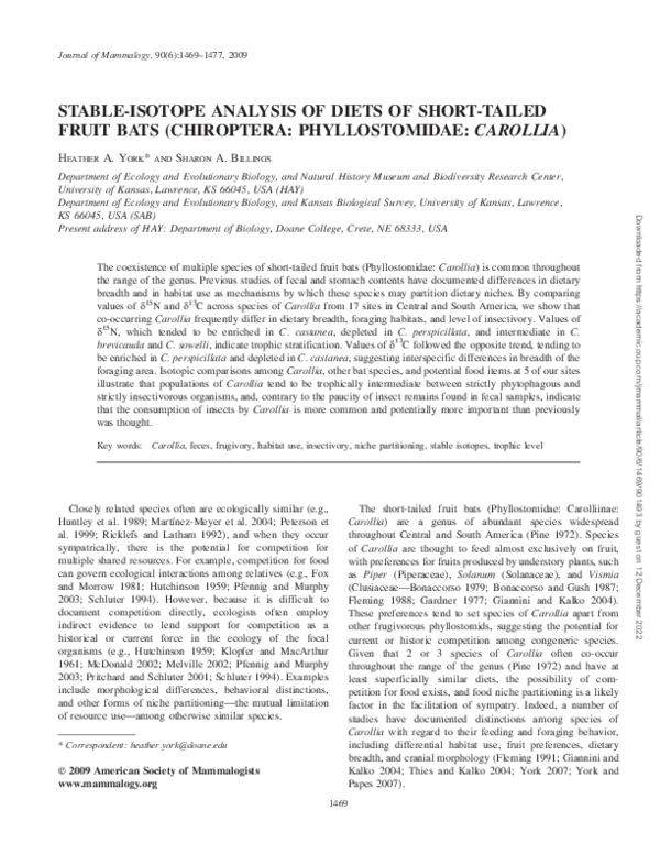 (PDF) Stable-isotope Analysis of Diets of Short-tailed Fruit Bats ...