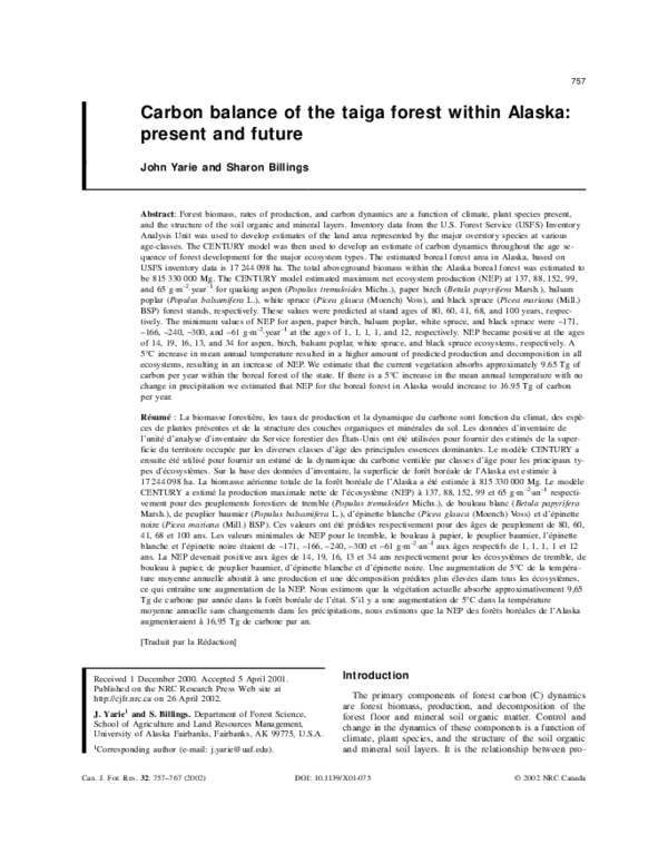 (PDF) Carbon balance of the taiga forest within Alaska: present and future