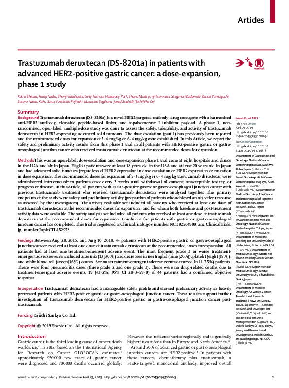 (PDF) Trastuzumab deruxtecan (DS-8201a) in patients with advanced HER2-positive gastric cancer ...