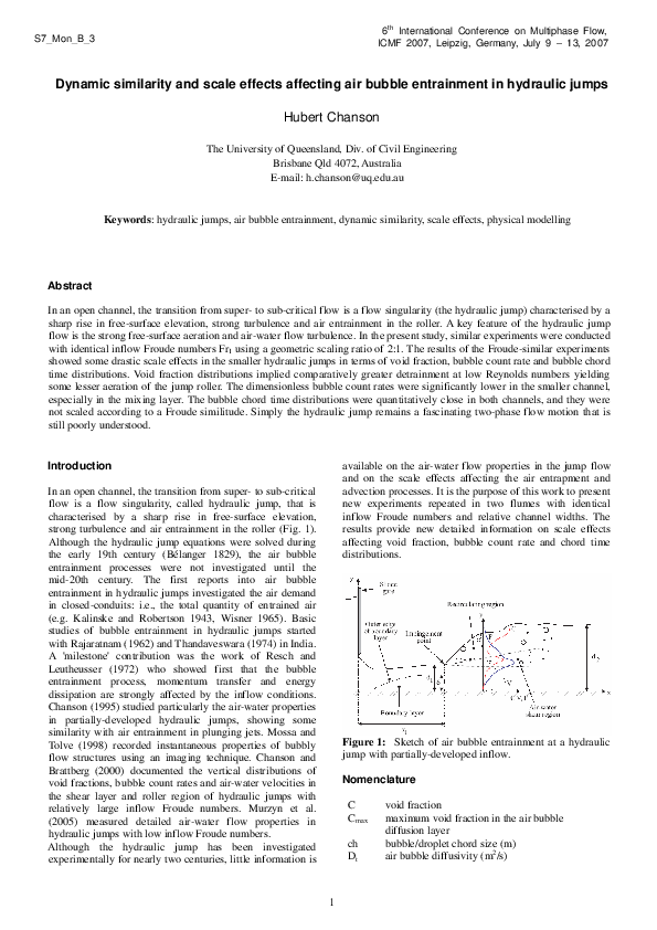 (PDF) Dynamic similarity and scale effects affecting air bubble entrainment in hydraulic jumps