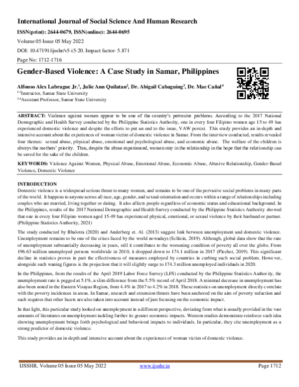(PDF) Gender-Based Violence: A Case Study in Samar, Philippines