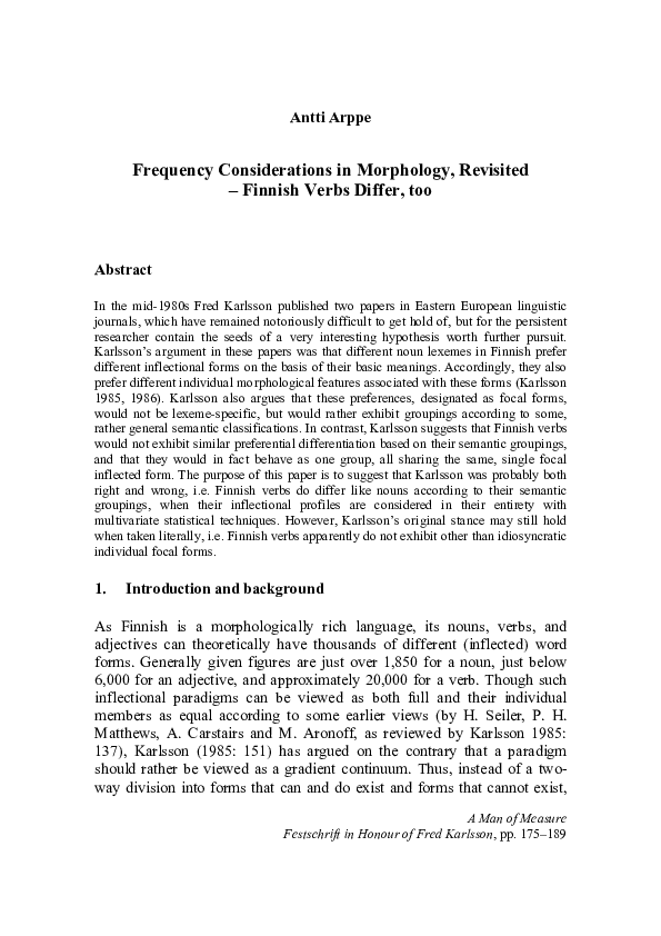 (PDF) Frequency Considerations in Morphology, Revisited-Finnish Verbs ...