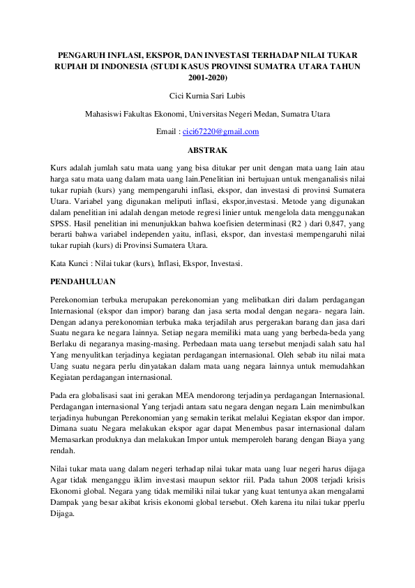 (PDF) PENGARUH INFLASI, EKSPOR, DAN INVESTASI TERHADAP NILAI TUKAR RUPIAH DI INDONESIA (STUDI ...