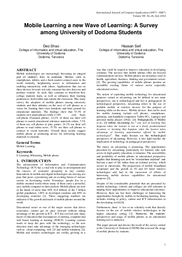 (PDF) Mobile Learning a new Wave of Learning: A survey among University ...