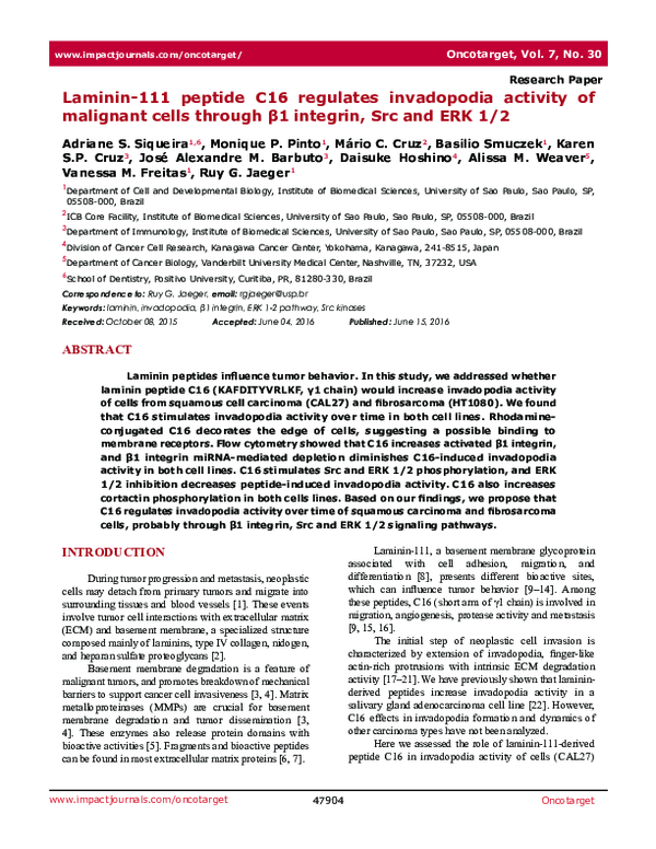 (PDF) Laminin-111 peptide C16 regulates invadopodia activity of ...