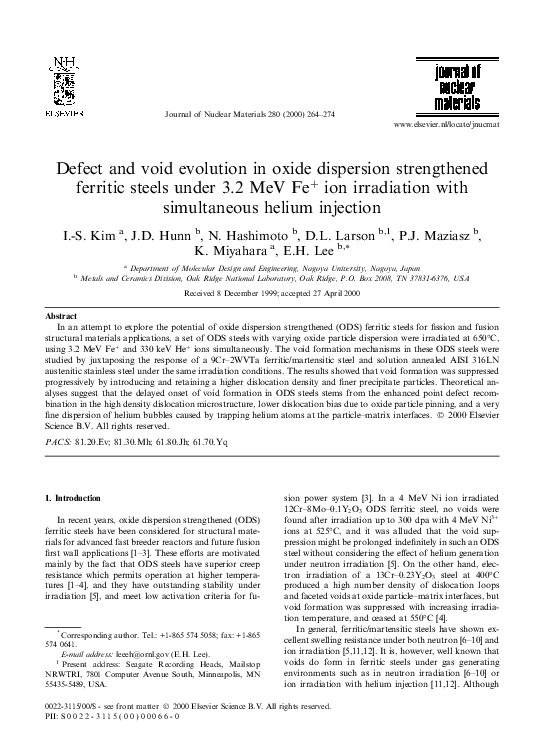 (PDF) Defect and void evolution in oxide dispersion strengthened ferritic steels under 3.2 MeV ...