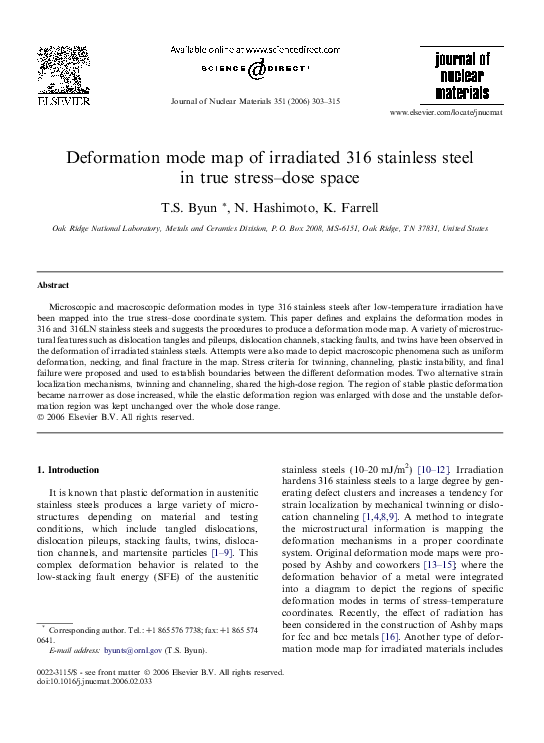 (PDF) Deformation mode map of irradiated 316 stainless steel in true ...