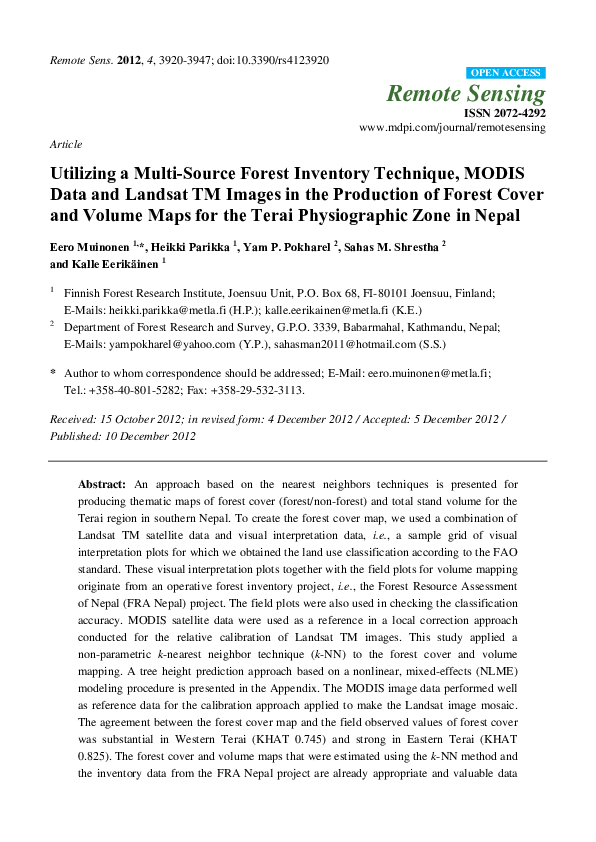 (PDF) Utilizing a Multi-Source Forest Inventory Technique, MODIS Data and Landsat TM Images in ...