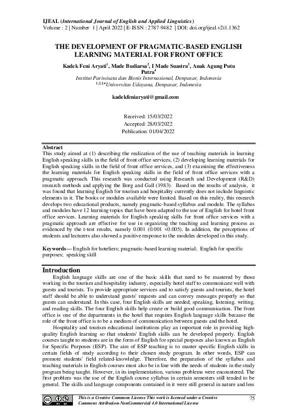 (PDF) Development of Pragmatic-Based English Learning Material for Front Office
