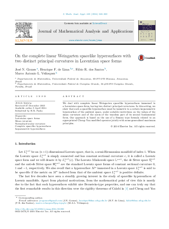 (PDF) On the complete linear Weingarten spacelike hypersurfaces with two distinct principal ...