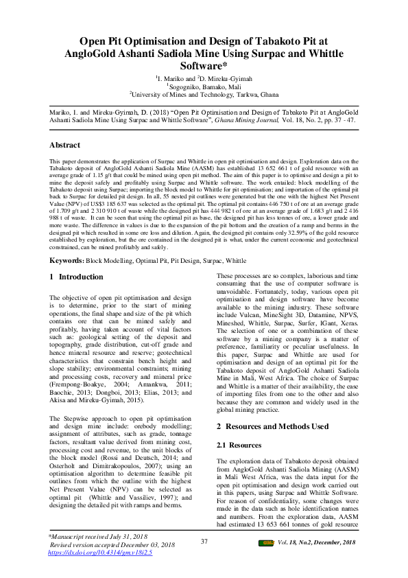 (PDF) Open Pit Optimisation and Design of Tabakoto Pit at AngloGold Ashanti Sadiola Mine Using ...