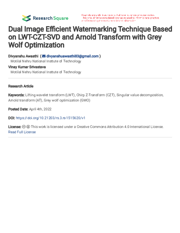 Pdf Dual Image Efficient Watermarking Technique Based On Lwt Czt Svd And Arnold Transform With