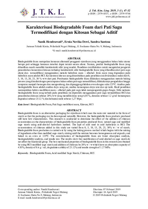 (PDF) Karakterisasi Biodegradable Foam dari Pati Sagu Termodifikasi dengan Kitosan Sebagai Aditif