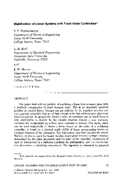 (PDF) Stabilization of linear systems with fixed order controllers