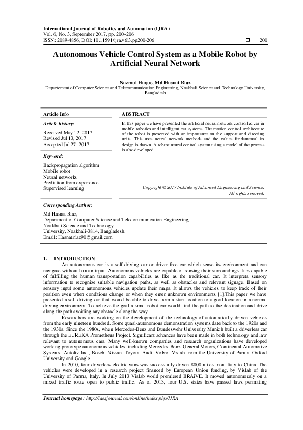 (PDF) Autonomous Vehicle Control System as a Mobile Robot by Artificial Neural Network