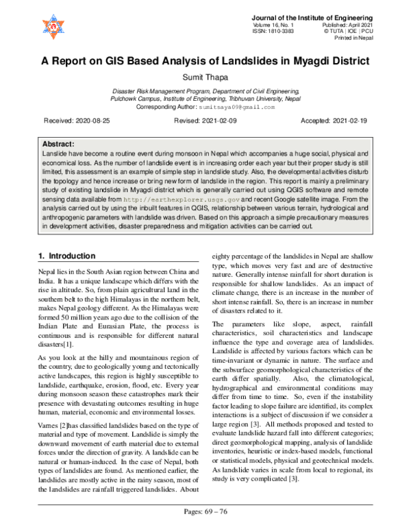 (PDF) A Report on GIS Based Analysis of Landslides in Myagdi District